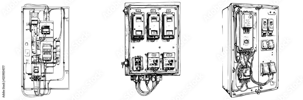 Detailed hand-drawn vector illustration of electrical control panels ...