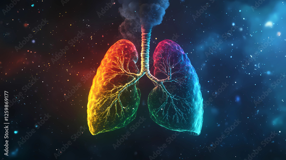 Colourful anatomical diagram of the lungs with a medical schematic of ...