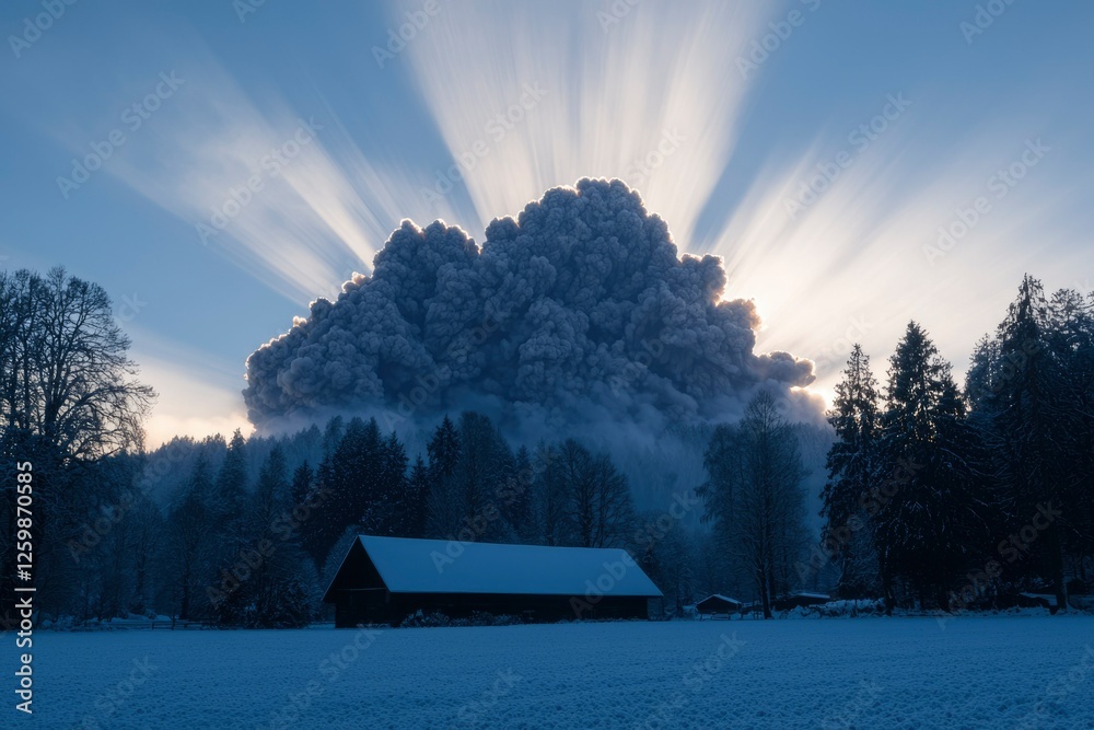 Volcano erupts over snowy forest and field. Nature danger background ...