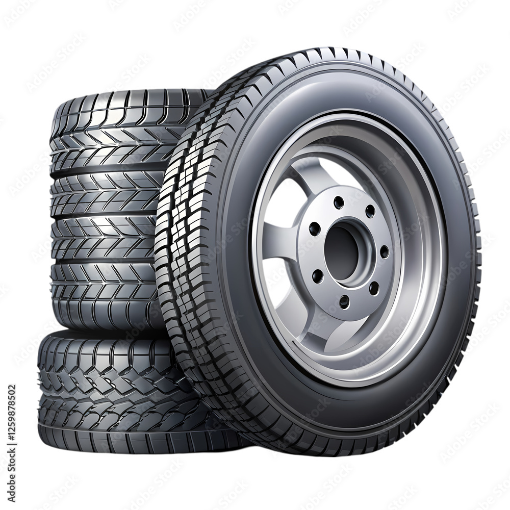 New stack of car tires with silver wheels on 3d road metal clean shiny on transparent background ...