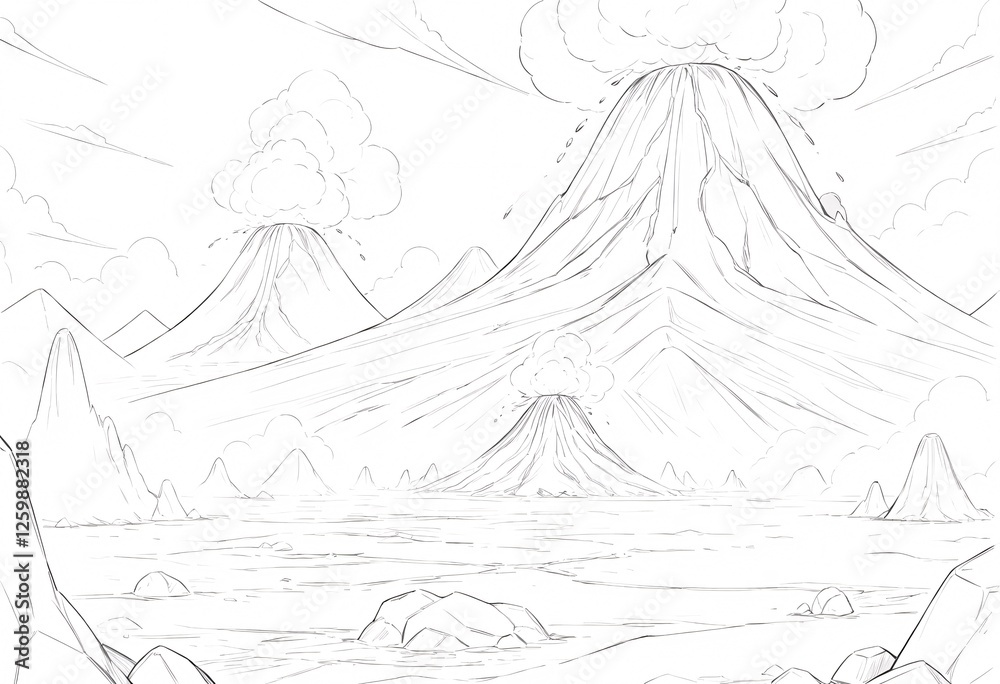 Volcanic Landscape Sketch - Fantasy Scene for Coloring Book or ...