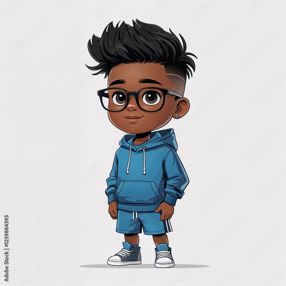 Black boy with glasses buzz cut hoodie and shorts cartoon illustration ...