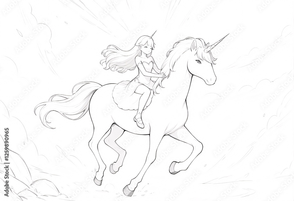 Anime girl rides a majestic unicorn through a magical landscape. A ...