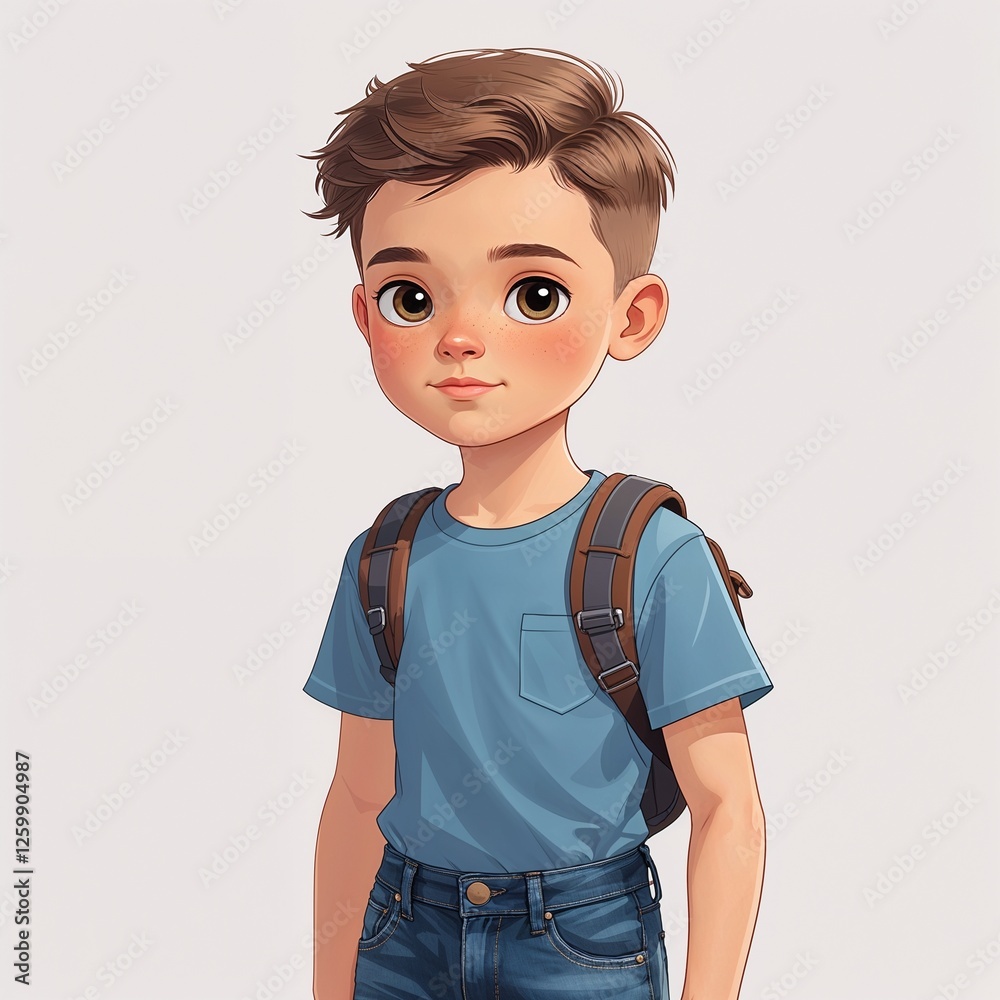 Caucasian boy short hair t shirt and jeans cartoon illustration on ...
