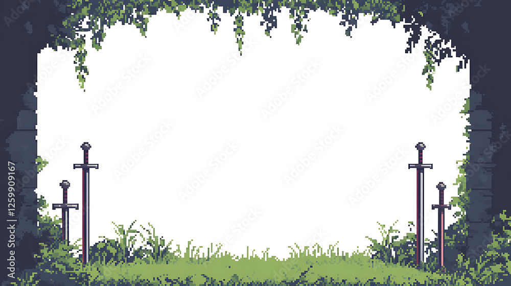 Pixel Art Fantasy Sword Frame: Green Leaves and Stone Border Stock ...