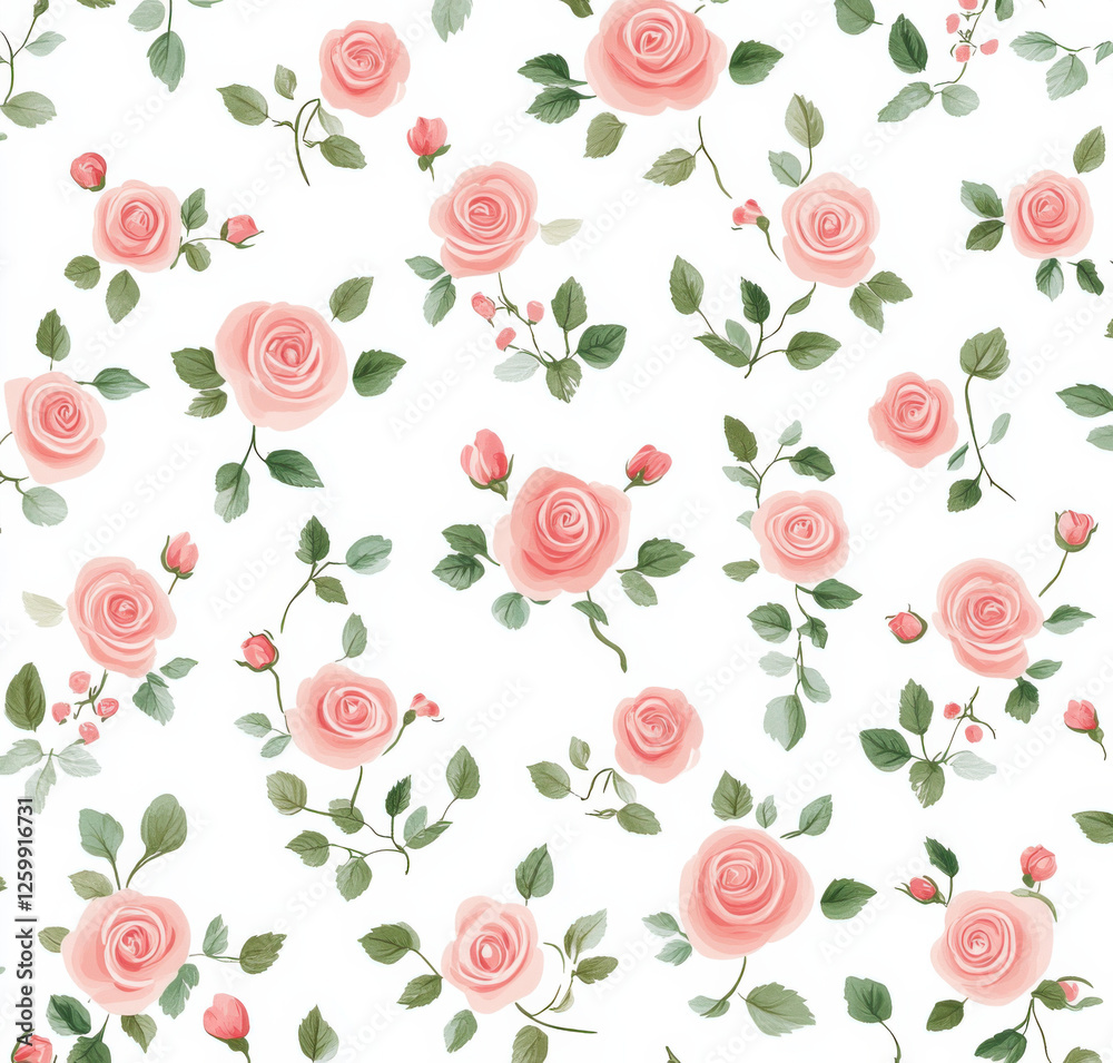 Rococo rose pattern, vintage style, white background, pink and green ...
