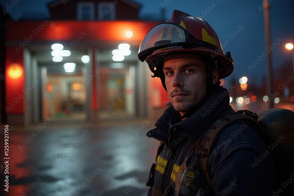 40 years old Czech male firefighter looking at camera against blurred ...