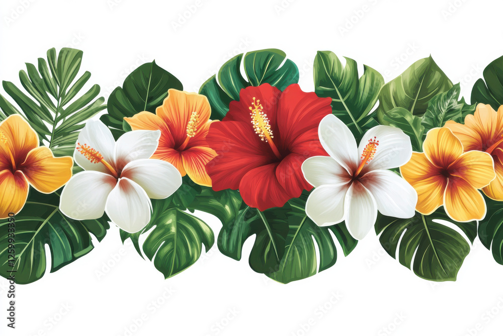 Tropical flower border, tropical leaves, floral background vector ...