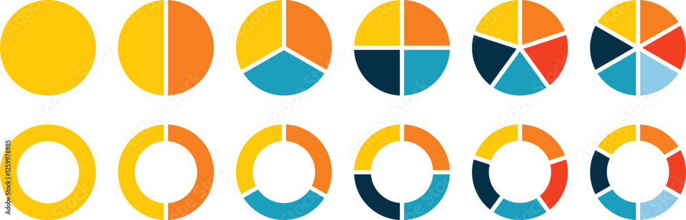 Set of pie charts diagrams.. Different color circles. donut and pie chart infographic elements ...