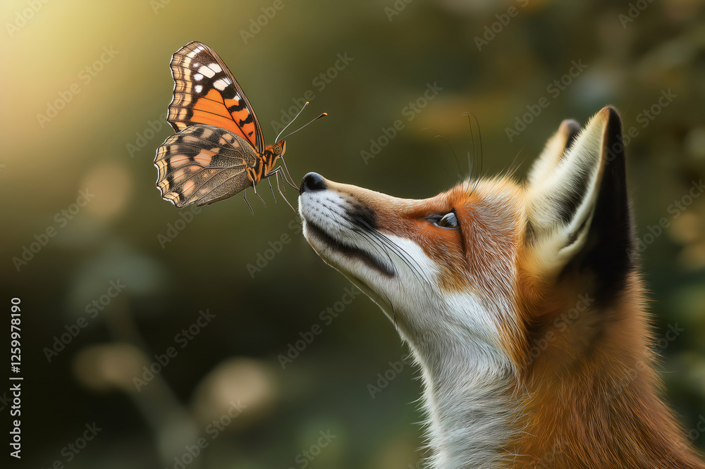 Red fox looking up at a butterfly landing on its nose, with a blurred ...