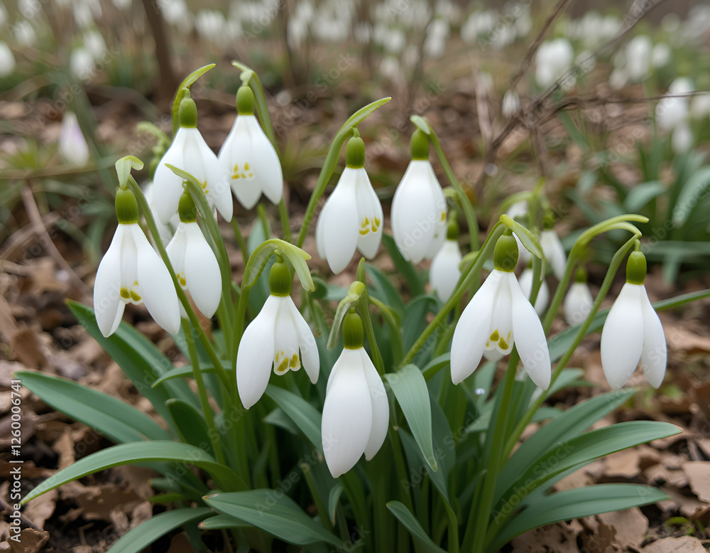 snowdrops making their way through the dry leaves in the forest. Snow ...