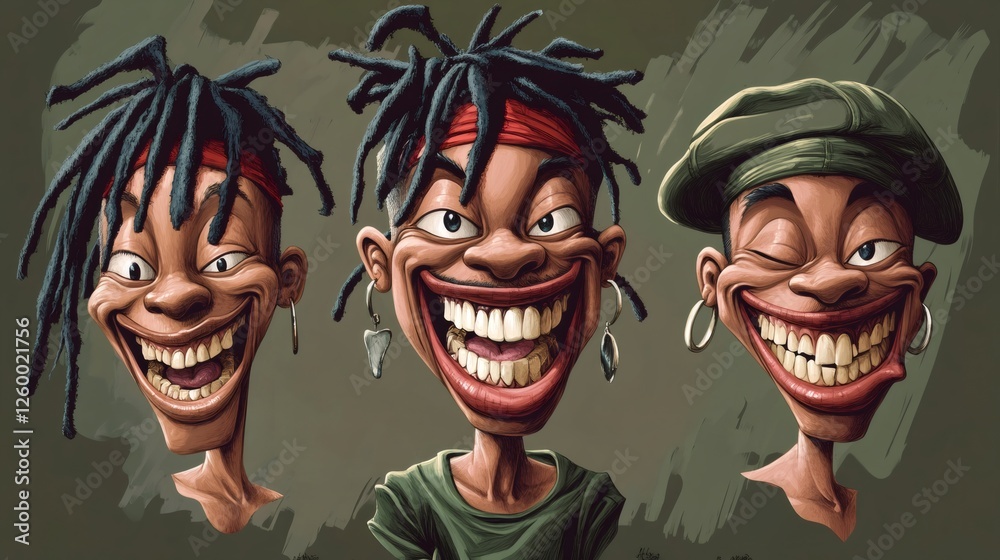 Three cartoon characters showing big smiles and expressions Stock ...