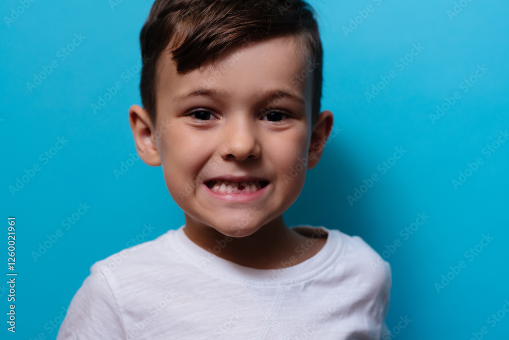 cute European boy without teeth, baby teeth fell out, conceptual ...