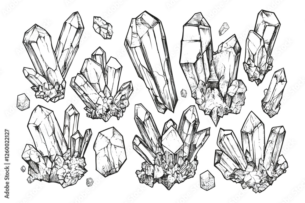 Collection of black and white hand-drawn crystal formations with ...