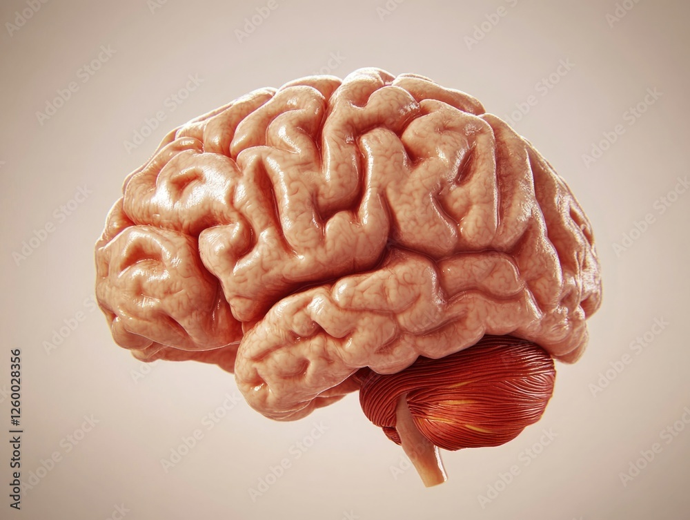 This image depicts a detailed 3D model of the human brain, showcasing ...
