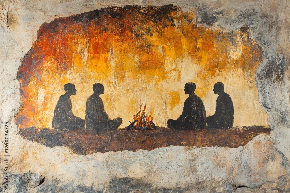 Four figures seated around a fire in a cave-like setting depicting ...