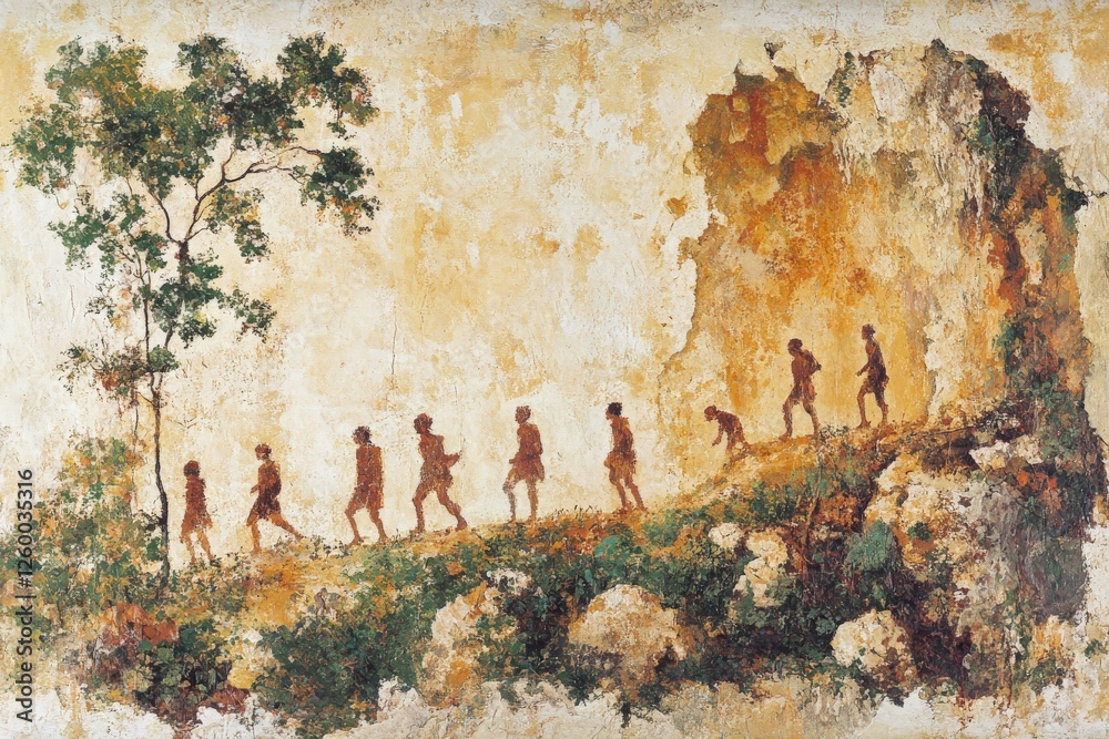 Human evolution depicted in a prehistoric mural showing progression of ...