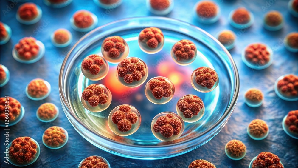 Microscopic view of lab-grown meat cells in a petri dish, showing a ...