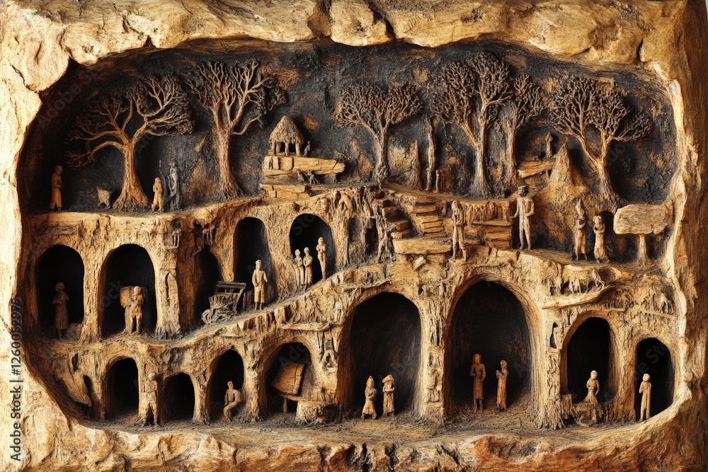 Detailed clay relief artwork depicts historical figures engaging in ...