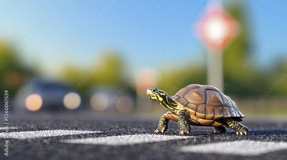 cartoon turtle crossing road with blurred cars in background ...