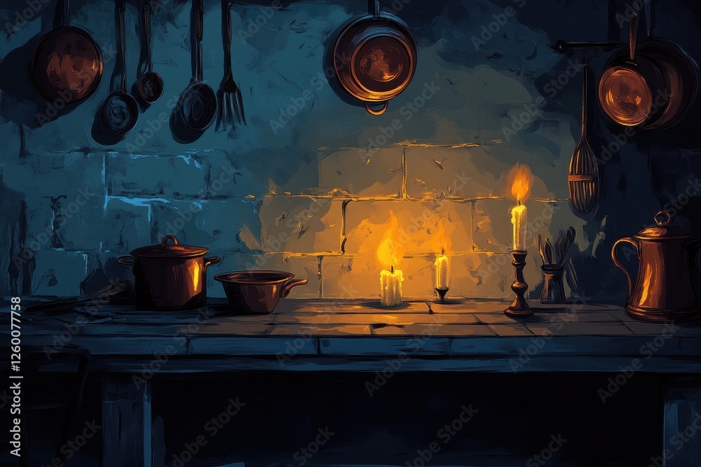 Moody kitchen interior illuminated by candlelight casts warm glow Stock ...