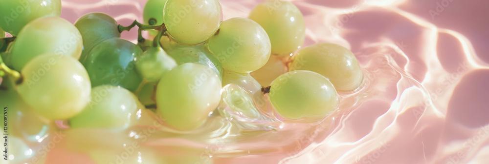 Cashew milk with halved grapes creating textured ripples in a soft ...