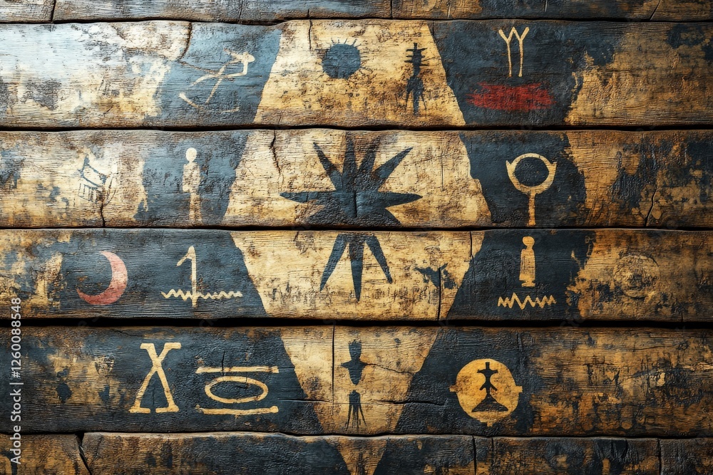 Ancient symbols carved on wooden surface display rich cultural heritage ...