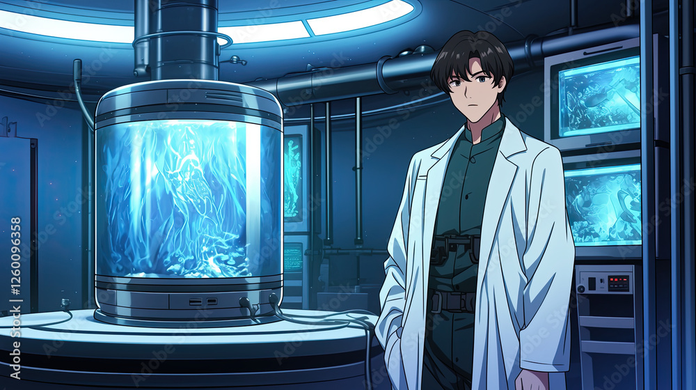 Man in lab coat standing in futuristic anime laboratory deep underwater ...
