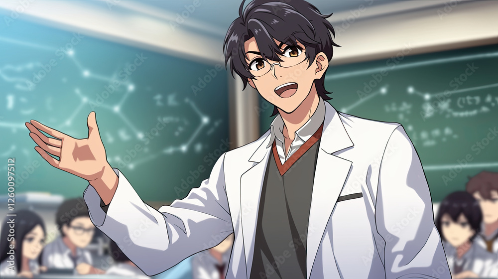 Man in lab coat pointing at the camera while explaining atomic ...