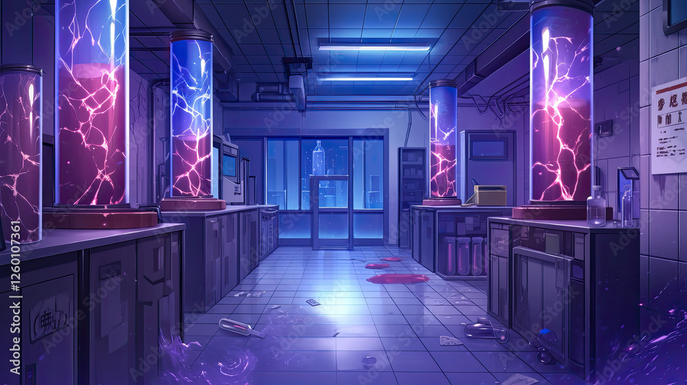 Laboratory room with electrical wires and glowing test tubes in a dark ...