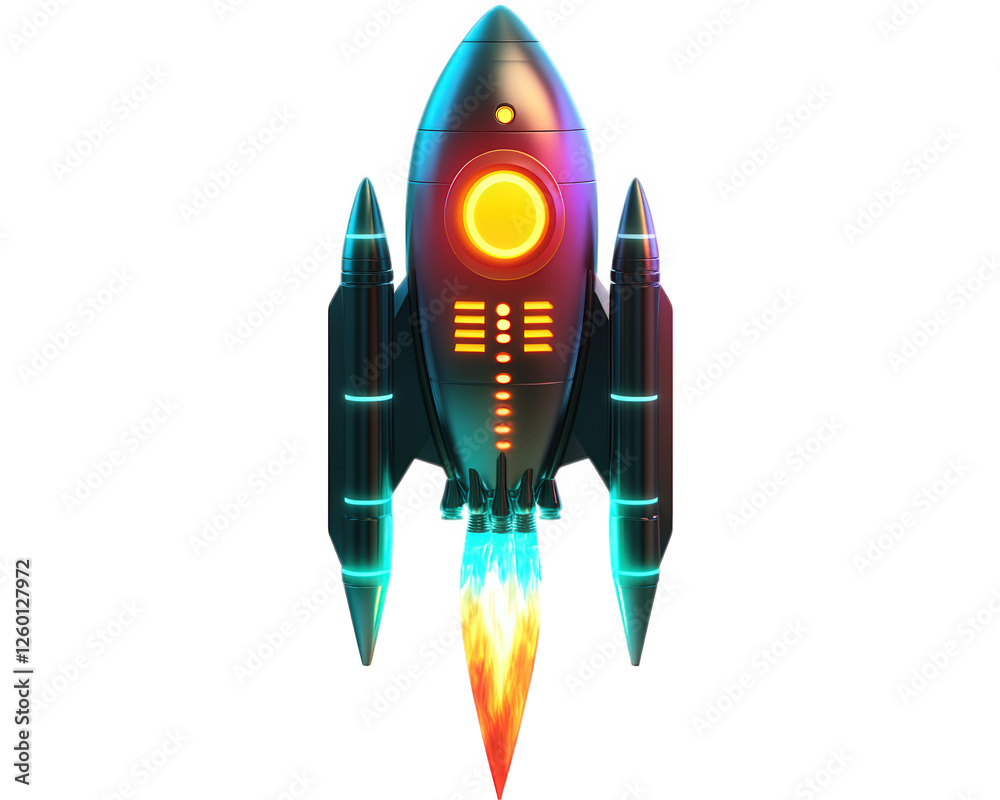 sci fi rocket with glowing neon thrusters, featuring vibrant colors and ...