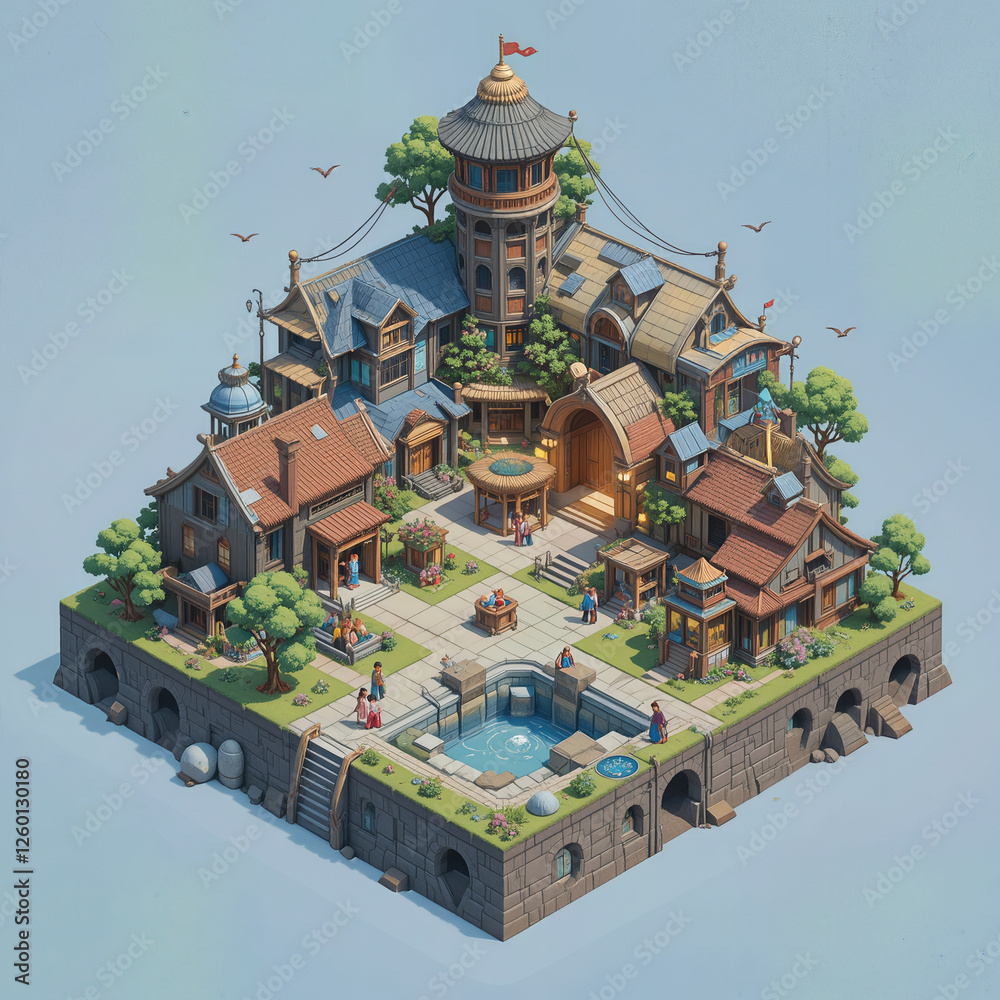 Isometric medieval village sitting peacefully on its island, rendered ...