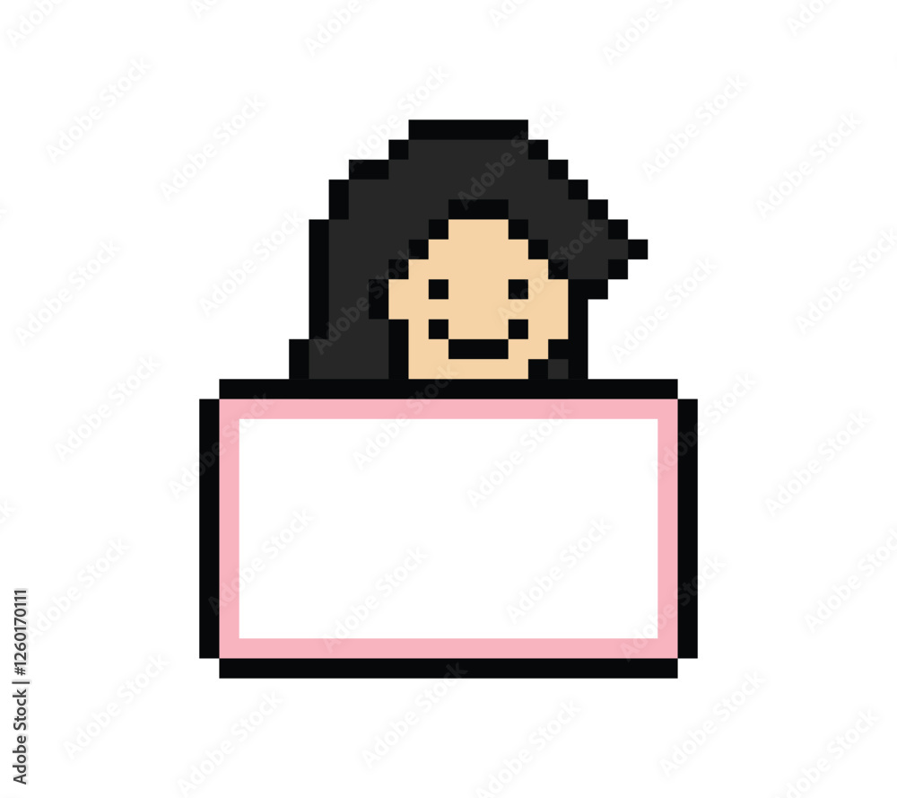 Cute pixel cartoon character woman lady hold frame banner sign board ...