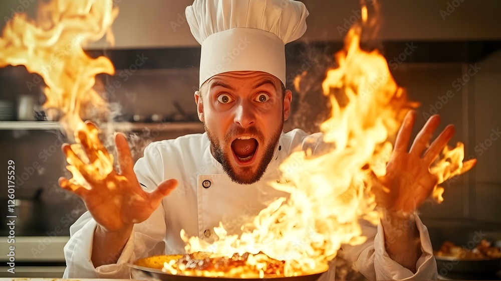 Chef in a kitchen dramatically reacting to flames while cooking ...