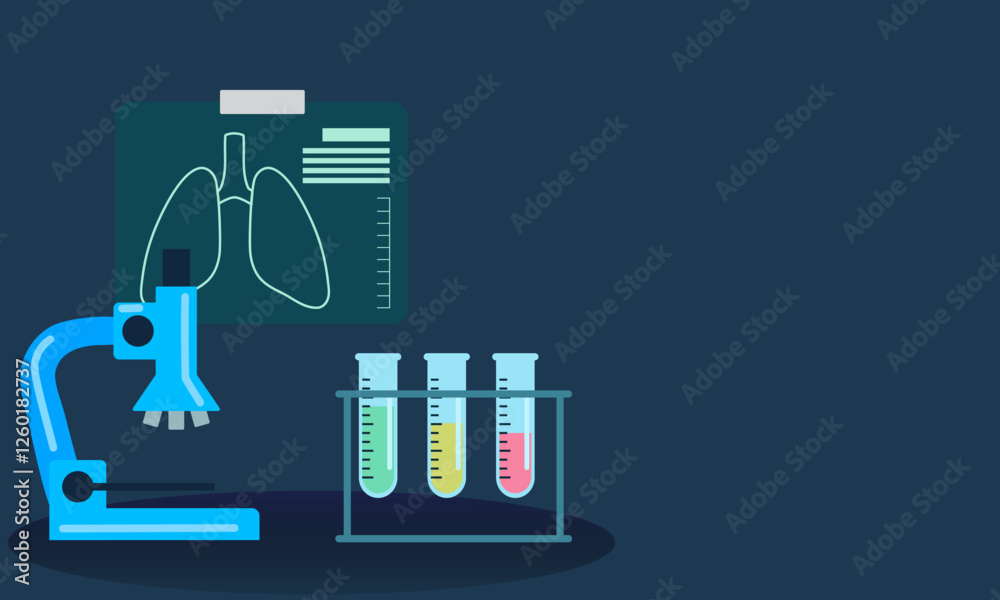 Microscope and test tubes analyzing lungs x-ray in medical laboratory ...