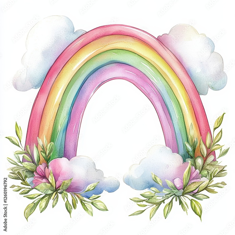 Watercolor Rainbow Clouds Floral Frame Cute Pastel Rainbow Arch ...