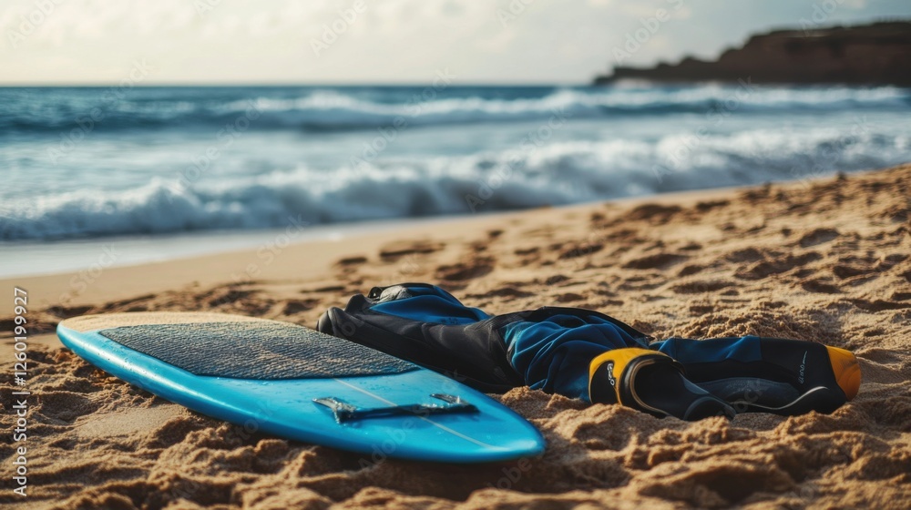 Surfing equipment on a beach. Featuring a surfboard and wetsuit laid ...