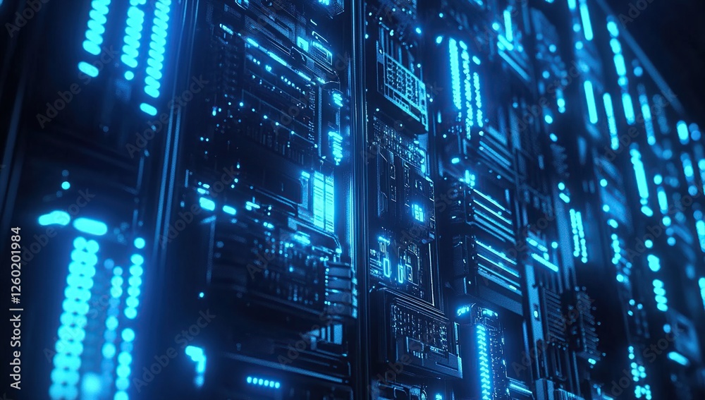 Exploring Futuristic Server Racks: Blue Neon Lights Illuminate Advanced Data Center Technology ...