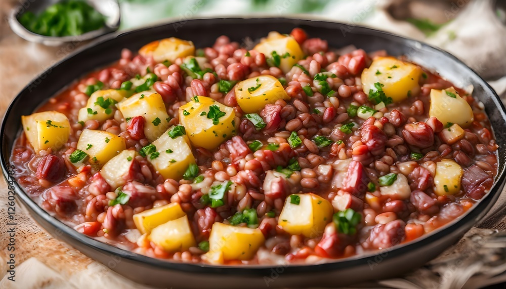Corned beef hash with potatoes and beans in tomato sauce. Stock Photo ...