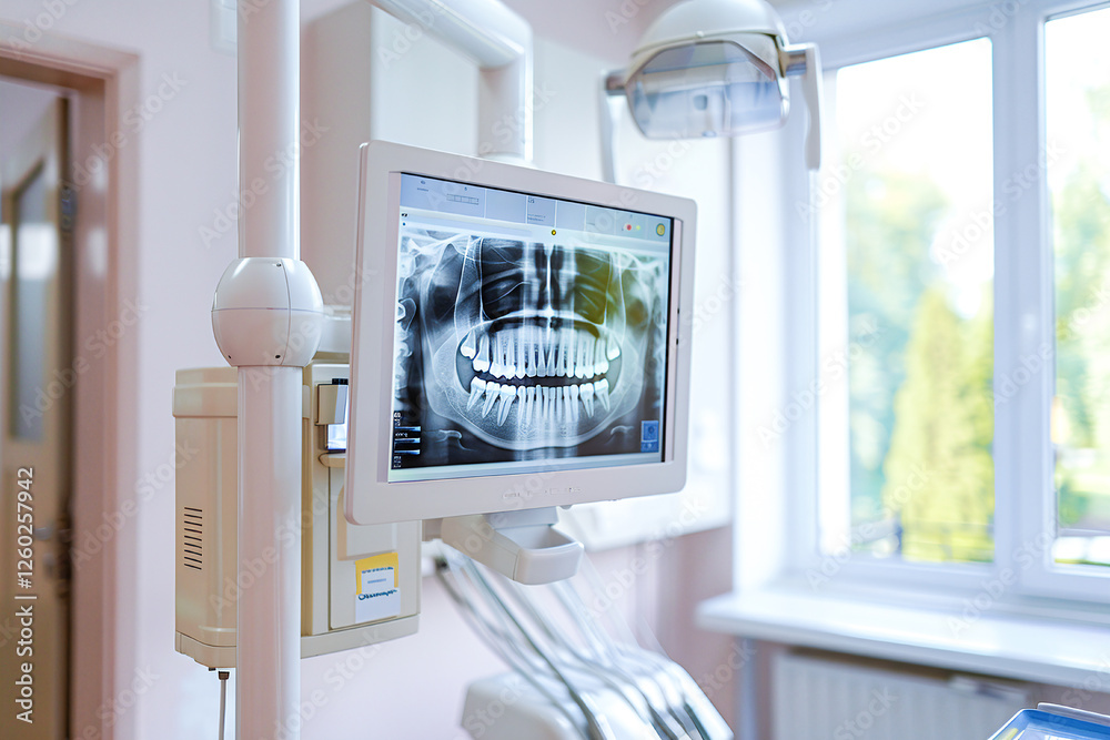 Dental X-ray on a modern monitor in a clean, bright dental office ...