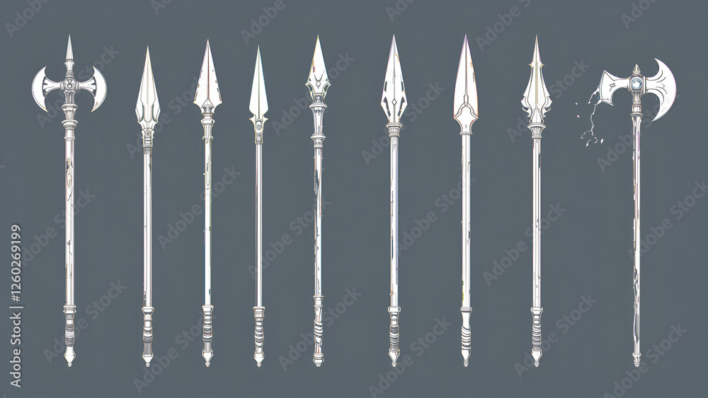 Set of simple vector images of medieval spears and halberds drawn in ...