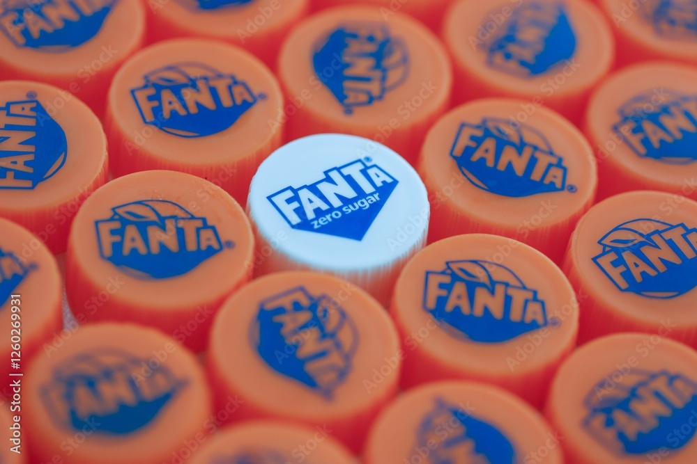Photo Stock KYIV, UKRAINE - JANUARY 29, 2025 Fanta Plastic bottle caps ...