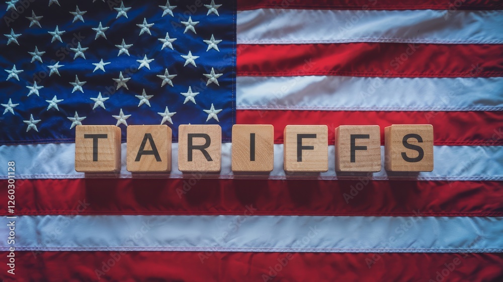 tariffs wooden blocks on USA flag, Decreasing stock bar graph with USA ...