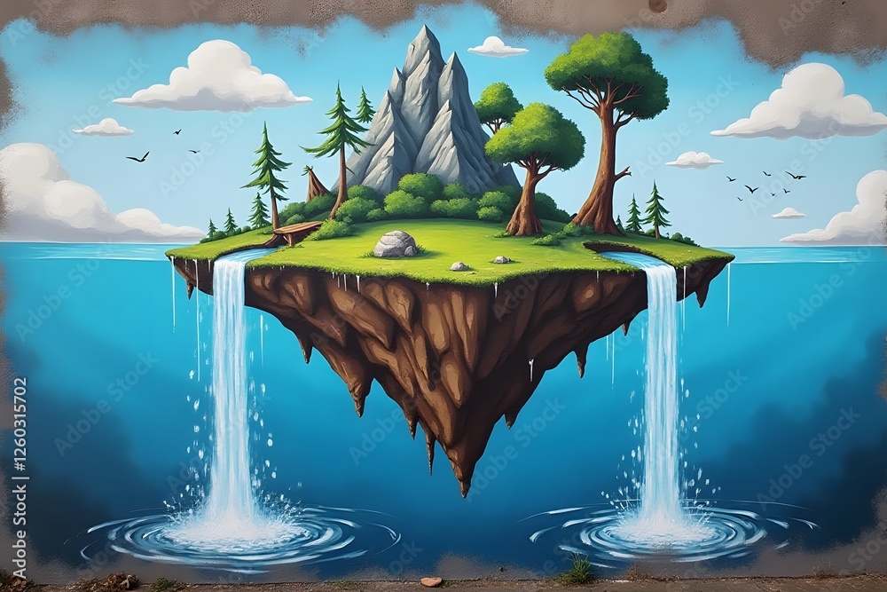 A floating island depicted in street art, with waterfalls flowing off ...