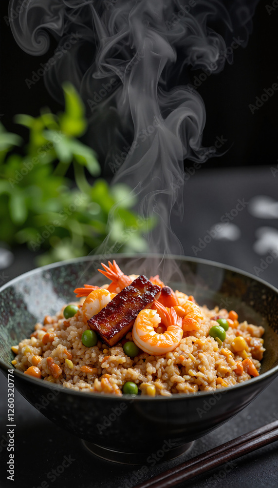 Sizzling com tam with shrimp and pork skin, culinary artistry Stock Photo | Adobe Stock