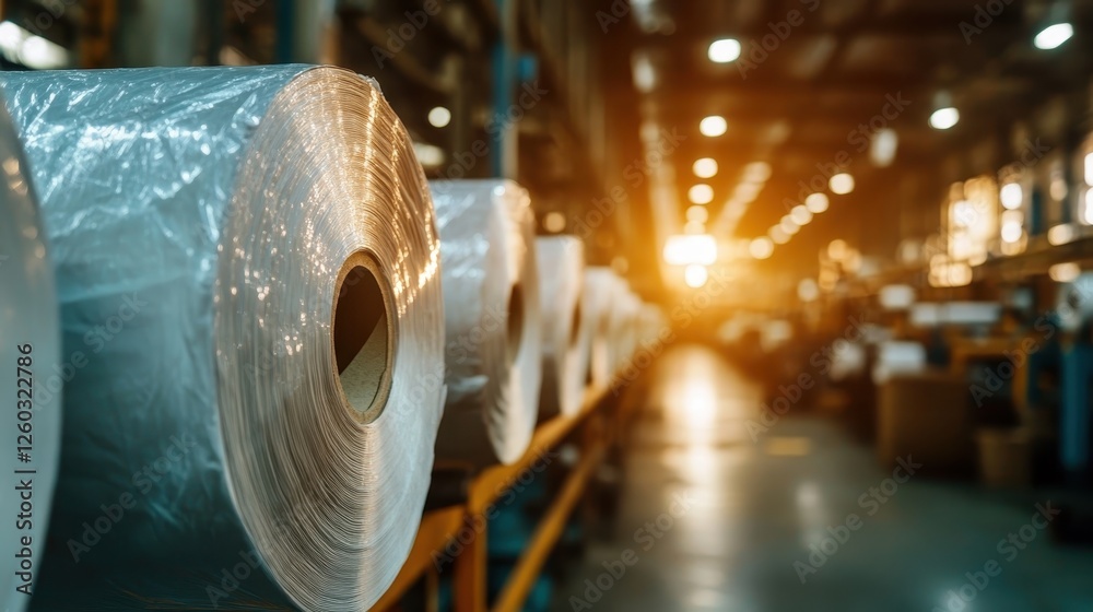 Plastic-wrapped paper rolls line the shelves of a large, brightly lit ...