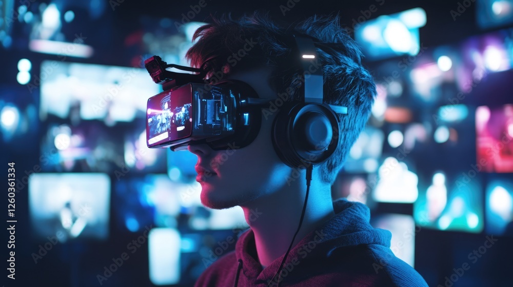 Young content creator using advanced AI tools and VR technology to ...
