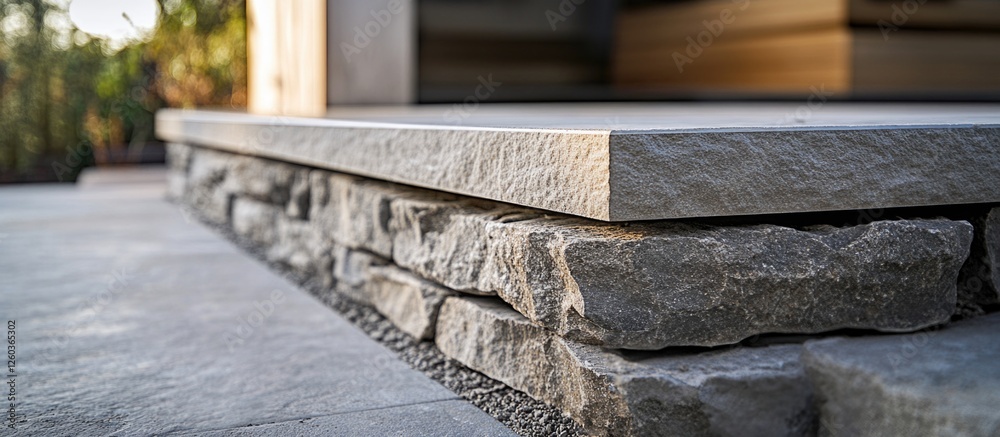 Detailed view of stone cladding and foundation of a modern house ...