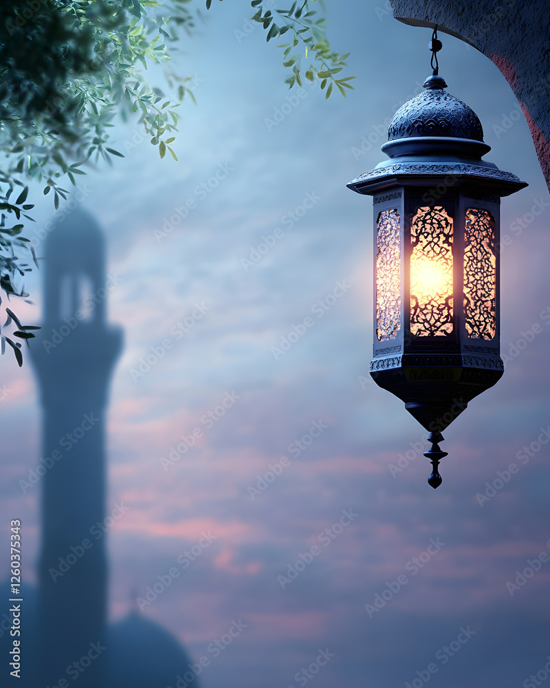 Ramadan Kareem greeting. Islamic crescent moon and lantern. End of ...