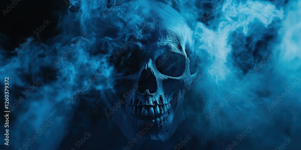 A striking human skull emerges from ethereal dark blue smoke, captured ...